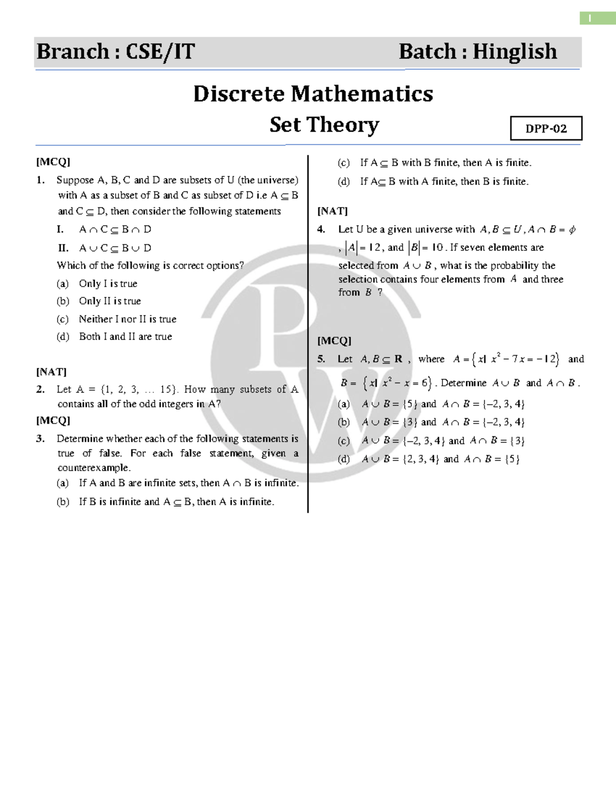 Set theory DPP 02 - 1 Branch : CSE/IT Batch : Hinglish Discrete Mathematics Set Theory [MCQ ...
