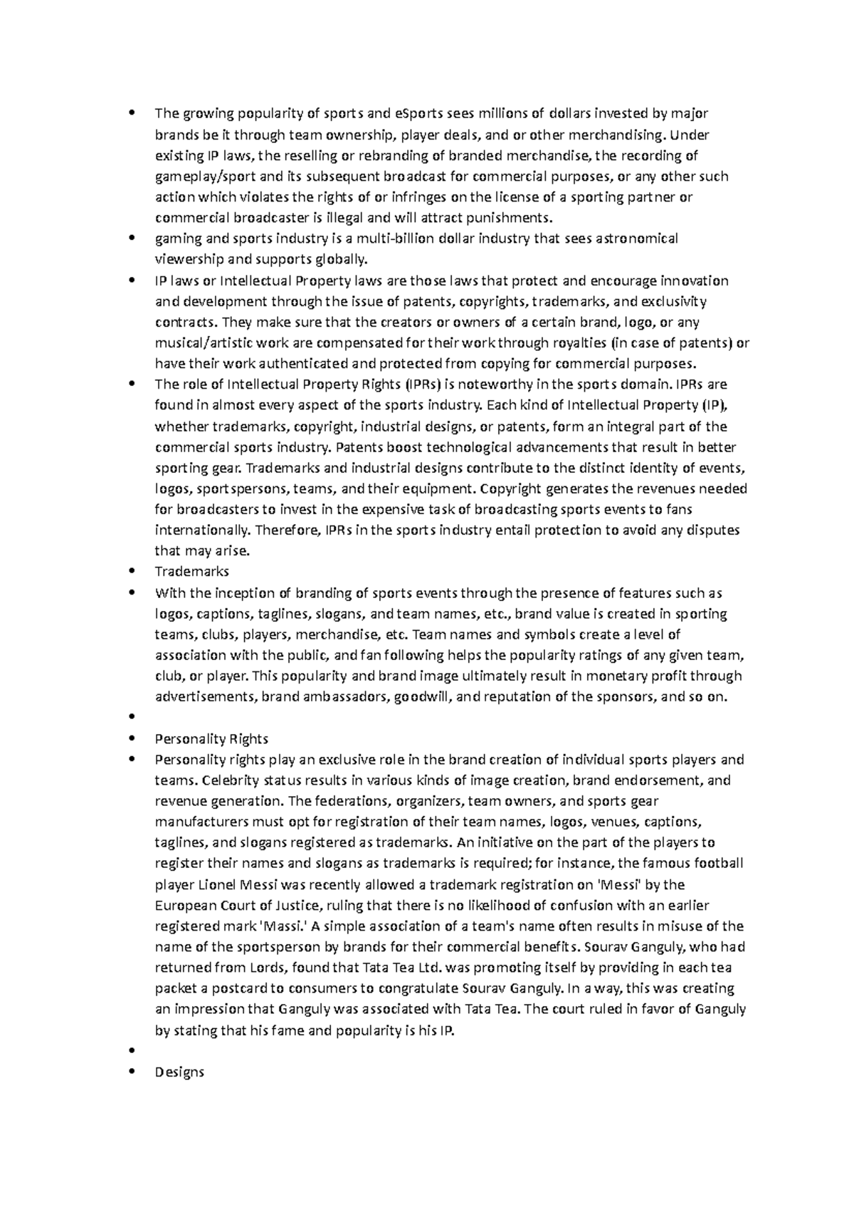 IPR AND Sports LAW - notes - The growing popularity of sports and ...