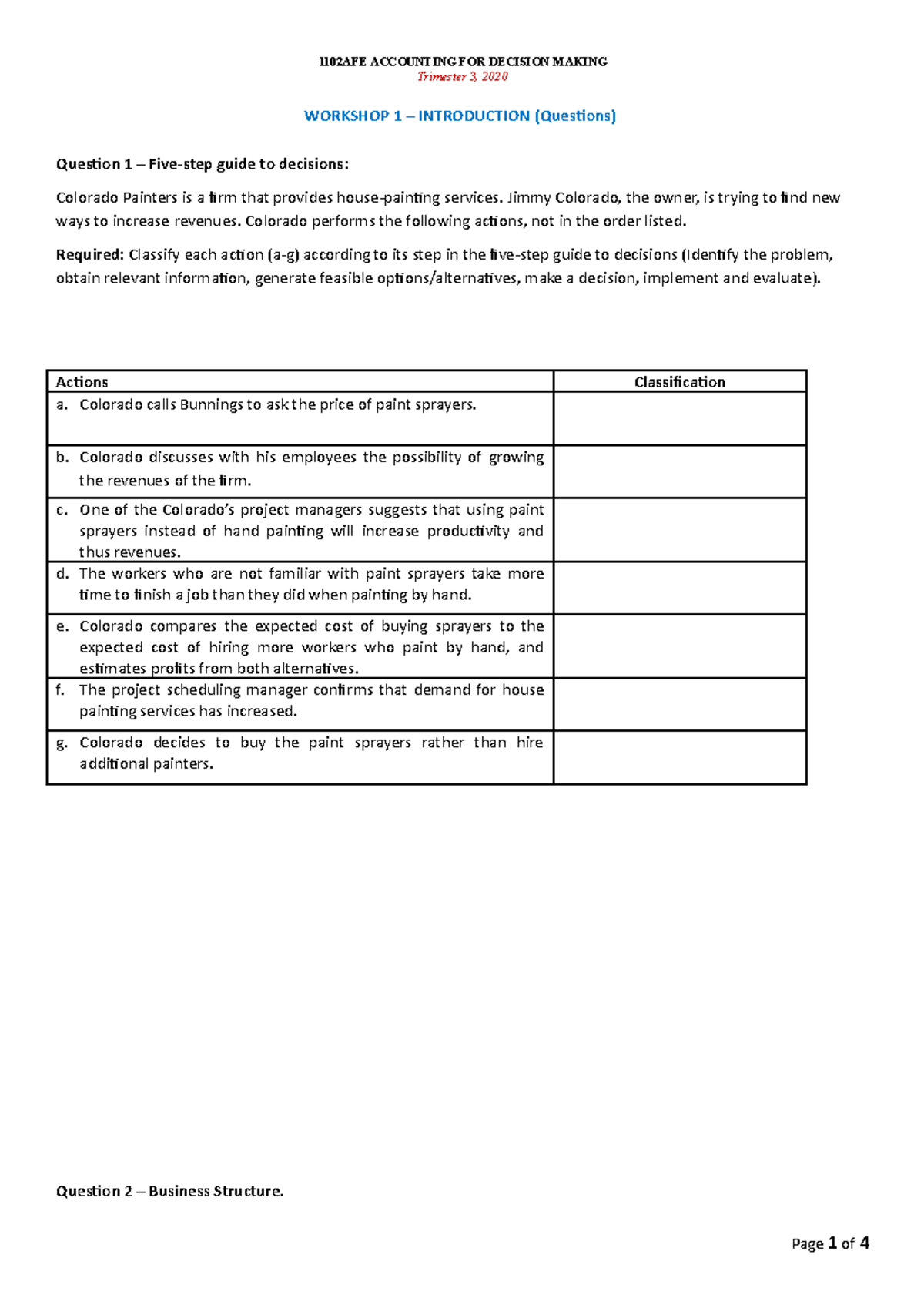 Workshop 1 (Questions) - Trimester 3, 2020 WORKSHOP 1 – INTRODUCTION ...