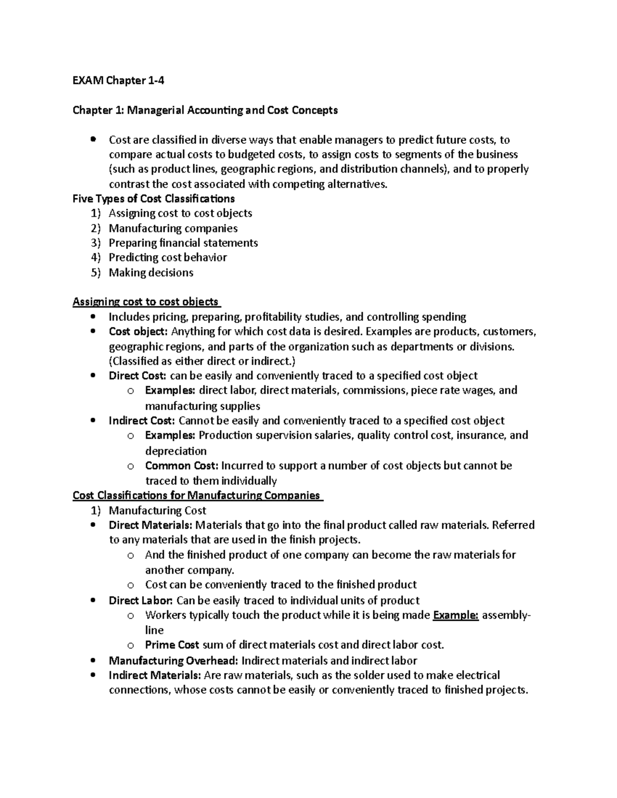 Managerial Accouting Study Guide Part One - EXAM Chapter Chapter 1 ...