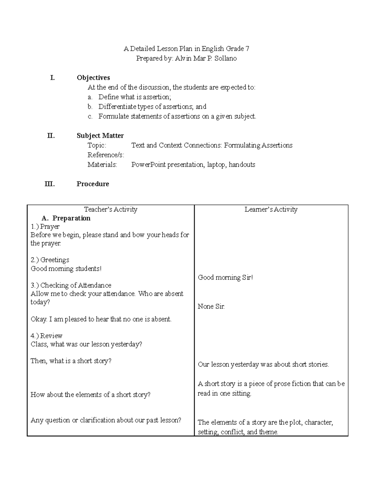 Formulating Assertions A Detailed Lesson Plan In English Grade 7