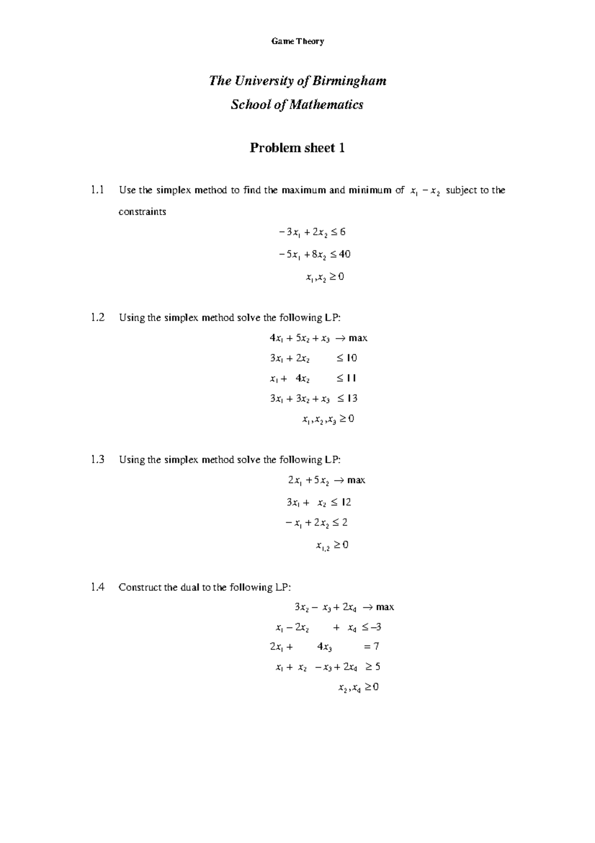 Problem Set 01 - Questions - Game Theory The University of Birmingham ...