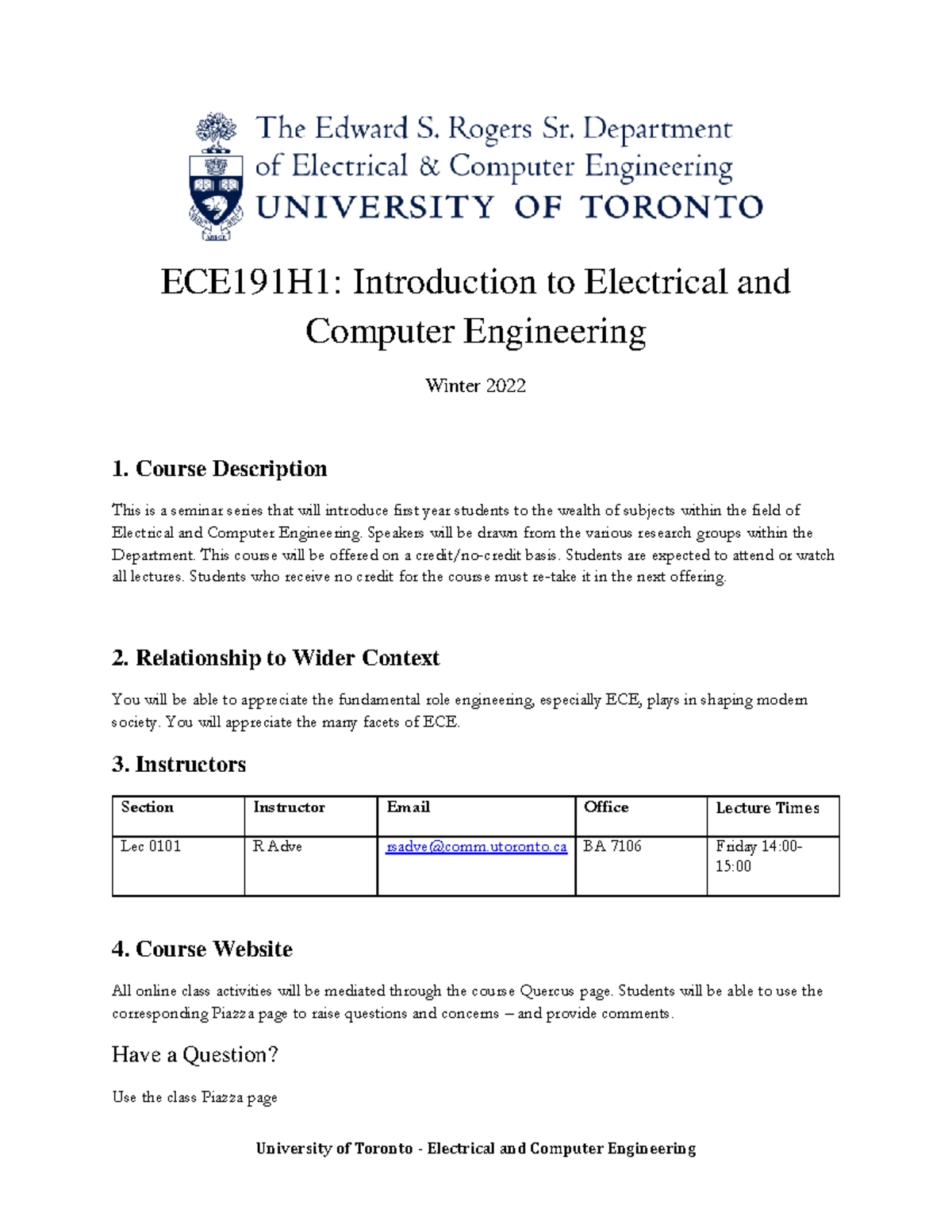 ECE191H1 2022 Syllabus - ECE191H1: Introduction to Electrical and ...
