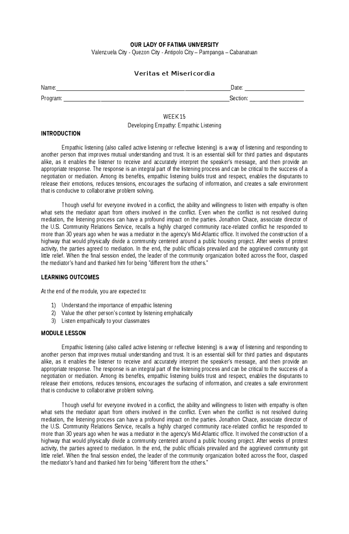 VM211 Module 15 Developing Empathy 2 RPL asis - OUR LADY OF FATIMA UNIVERSITY Valenzuela City ...