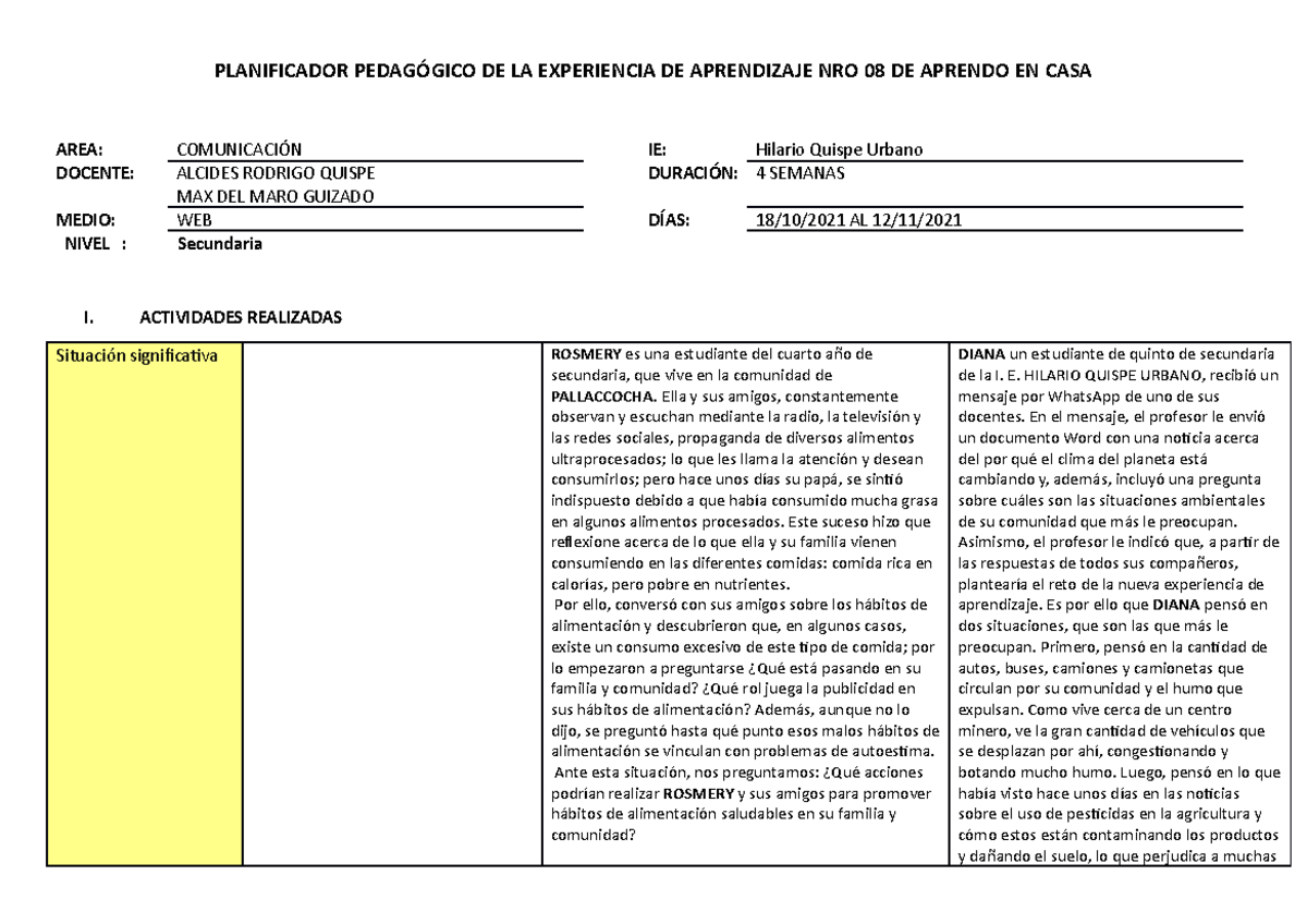 Planificador Experiencia DE Aprendizaje 08 - PLANIFICADOR PEDAGÓGICO DE LA EXPERIENCIA DE - StuDocu