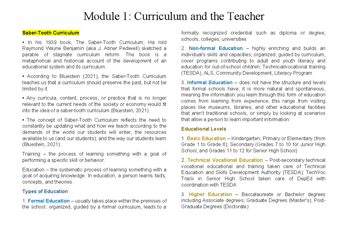 Module-1 - Module 1: Curriculum and the Teacher Saber-Tooth Curriculum ...