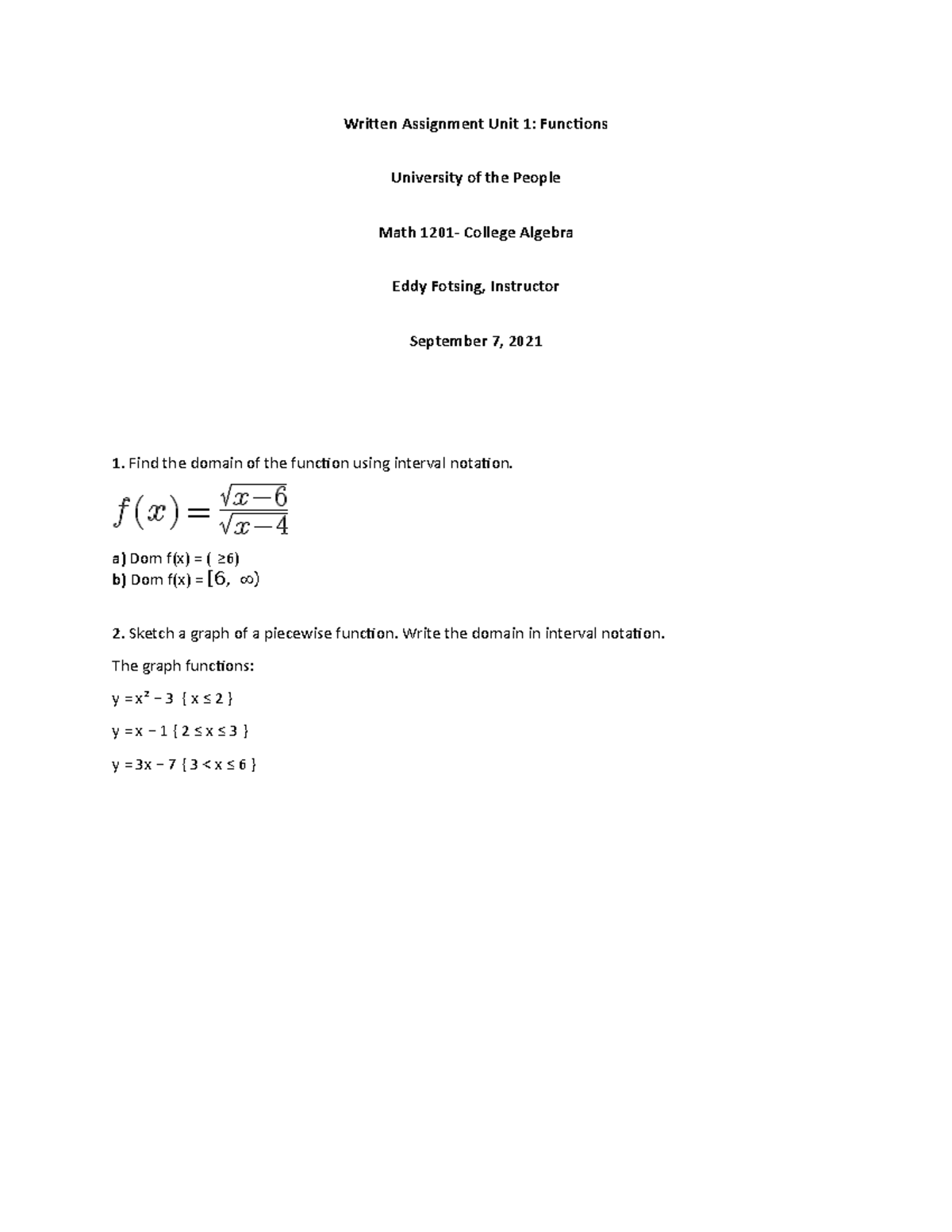 Updated Written Assignment Unit 1-College Algebra - Written Assignment Unit 1: Functions ...