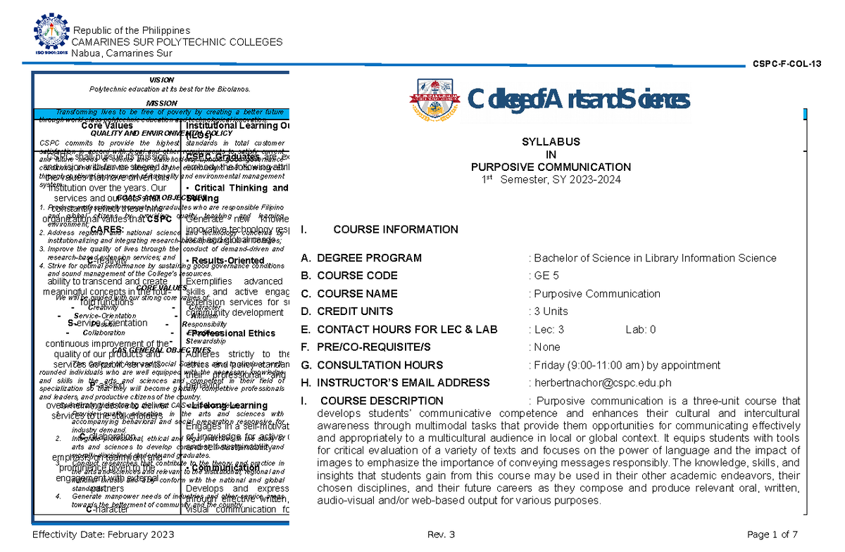 GE 5 Purposive Comm Syllabus BLIS edited - CAMARINES SUR POLYTECHNIC ...