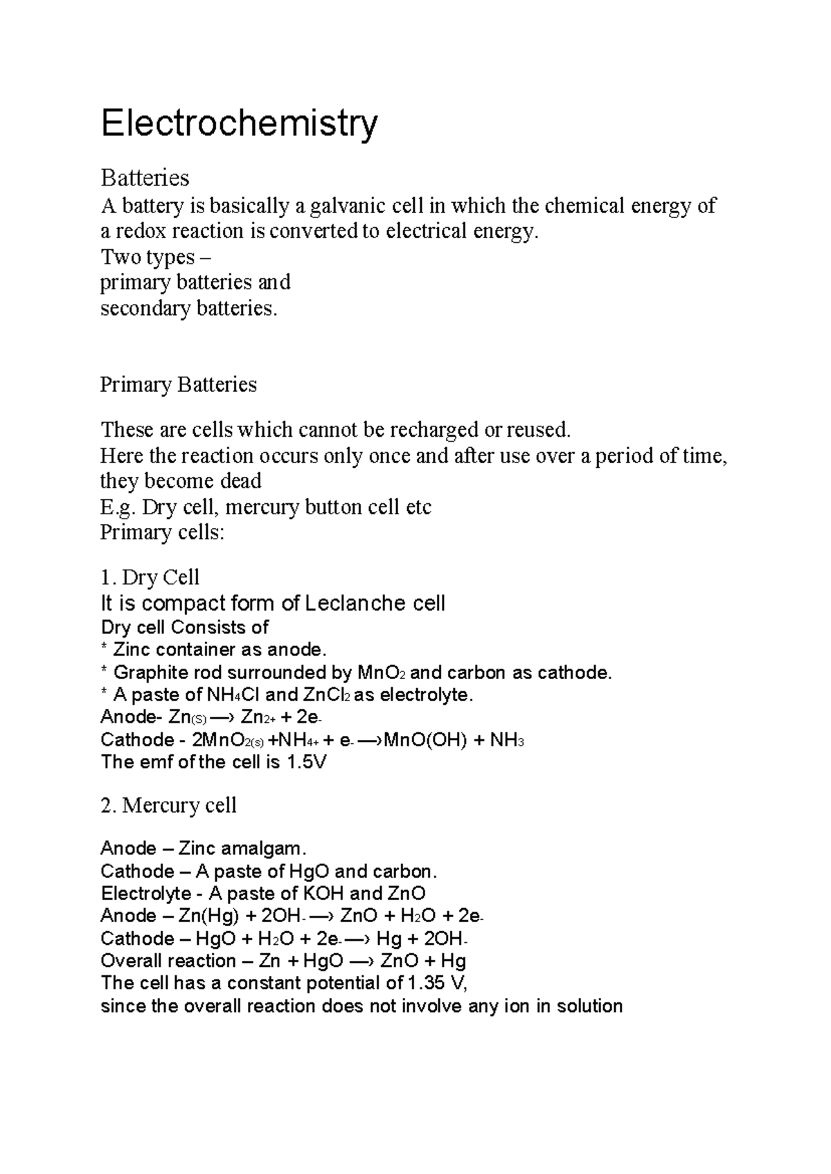 Electrochemistry-Batteries notes - Electrochemistry Batteries A battery ...