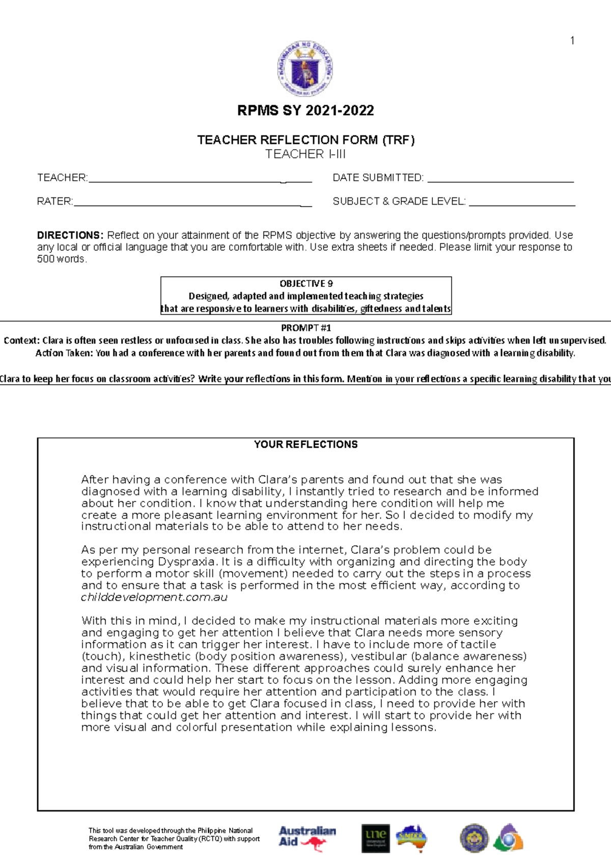 Appendix 4A Teacher Reflection Form for T I III for RPMS SY 2021 2022 ...