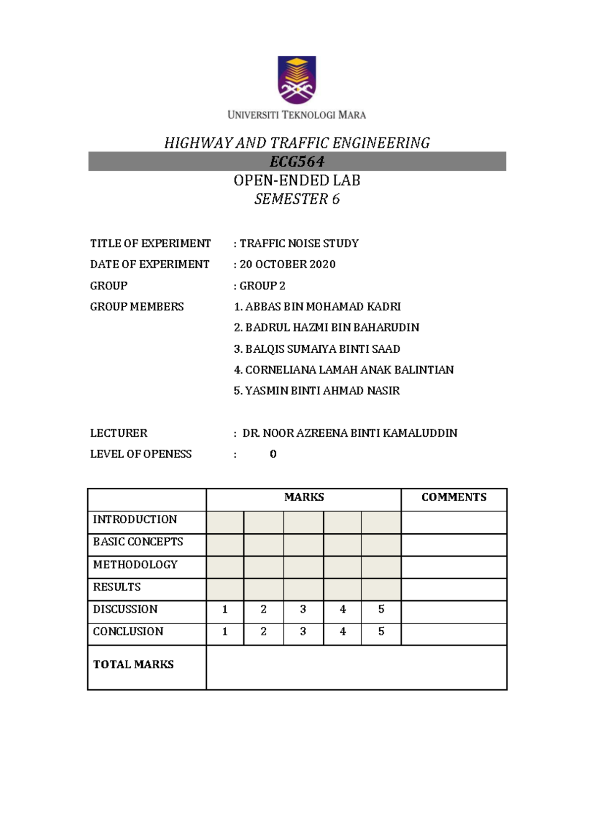 Noise Level Report - HIGHWAY AND TRAFFIC ENGINEERING ECG OPEN-ENDED LAB ...