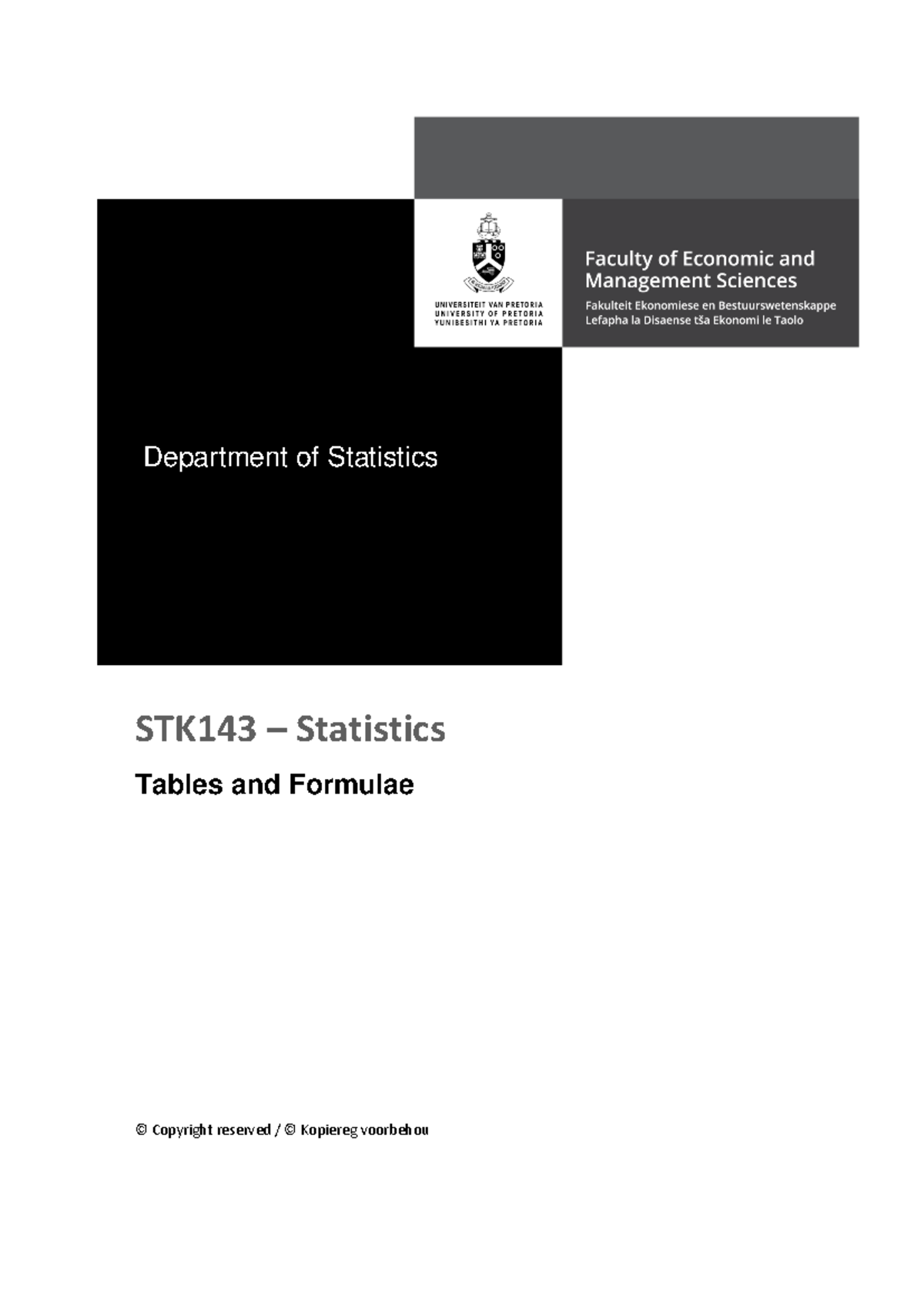 STK143 - Tables and Formulae - 2020 - STK143 – Statistics Tables and ...