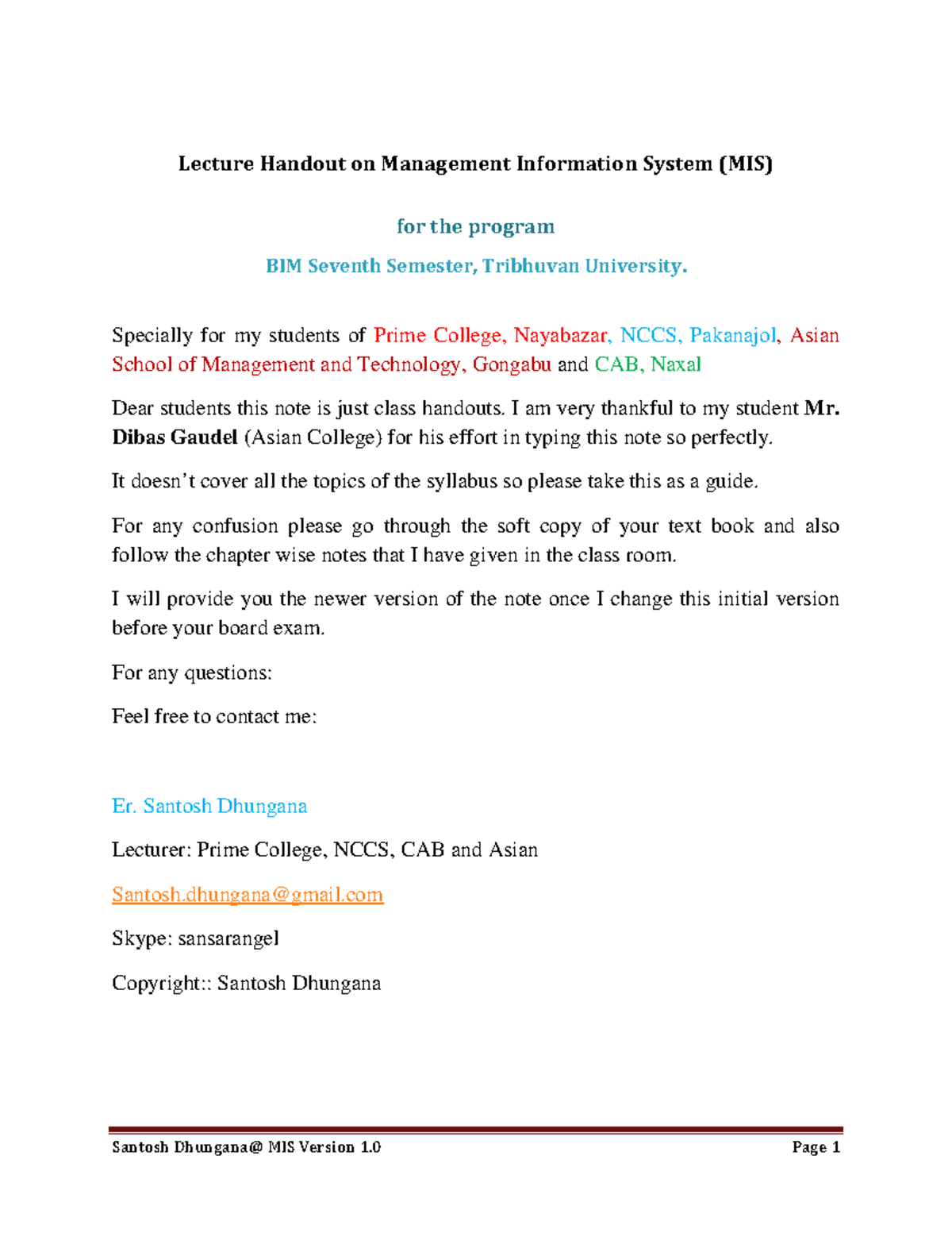Imp complete MiS Management information system - Lecture Handout on ...