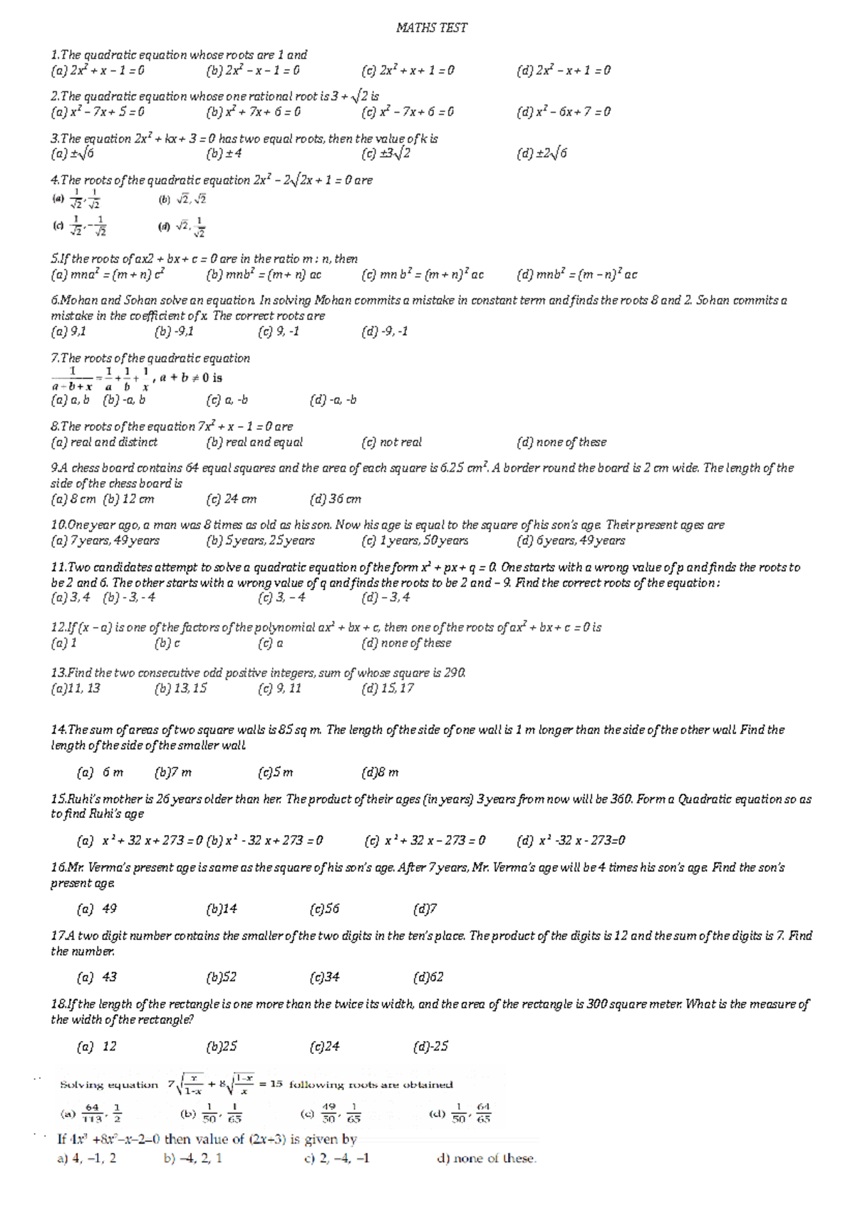 Maths TEST - test ppr - MATHS TEST 1 quadratic equation whose roots are ...