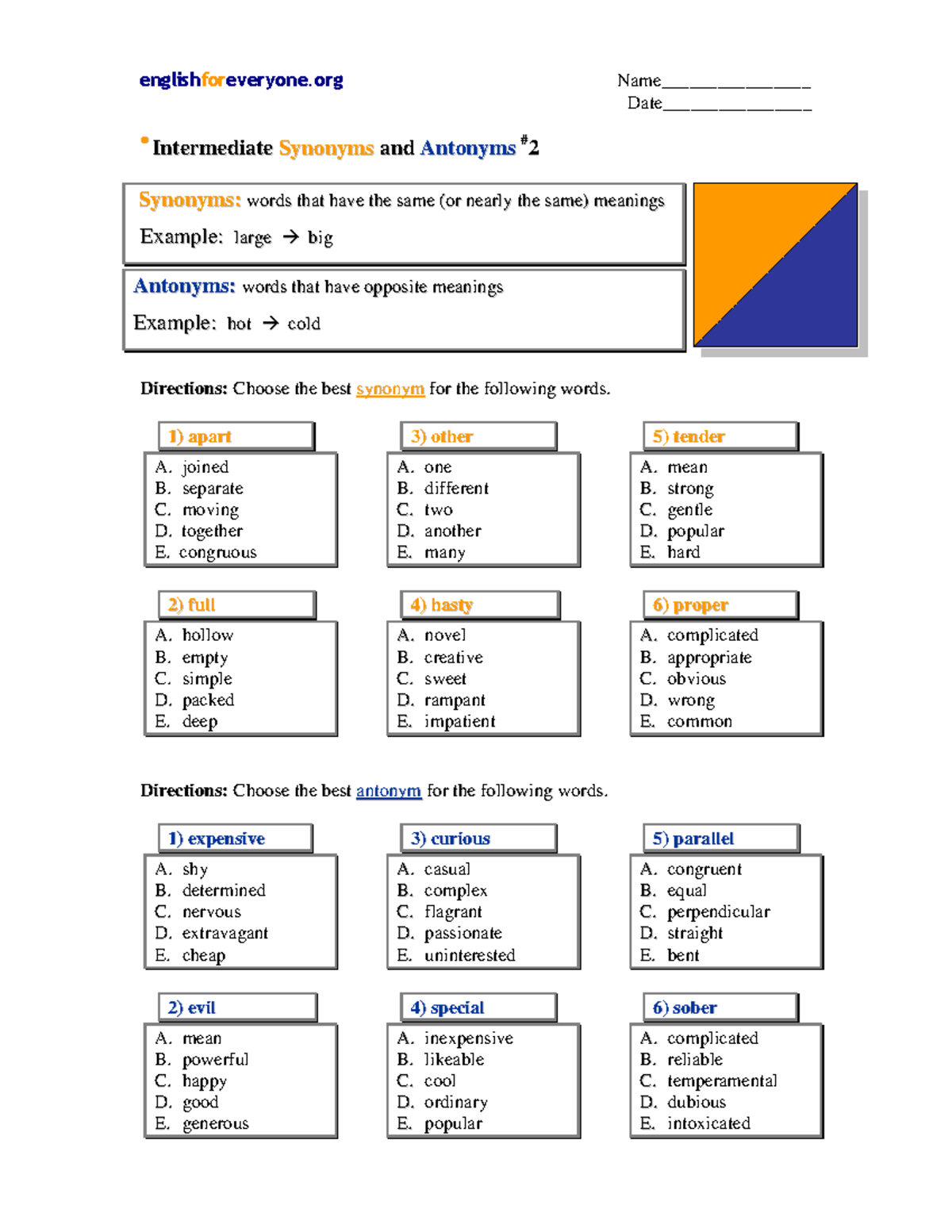 Intermediate Synonyms and Antonyms 2 - englishforeveryone Name ...