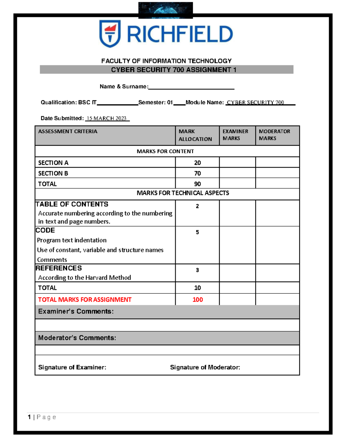 CS700 Assignment 01 - FACULTY OF INFORMATION TECHNOLOGY CYBER SECURITY ...