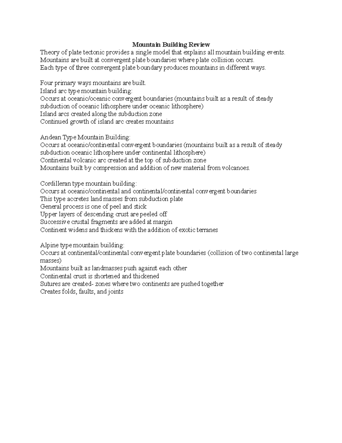 Review 5 - detailed Lecture notes - Mountain Building Review Theory of ...