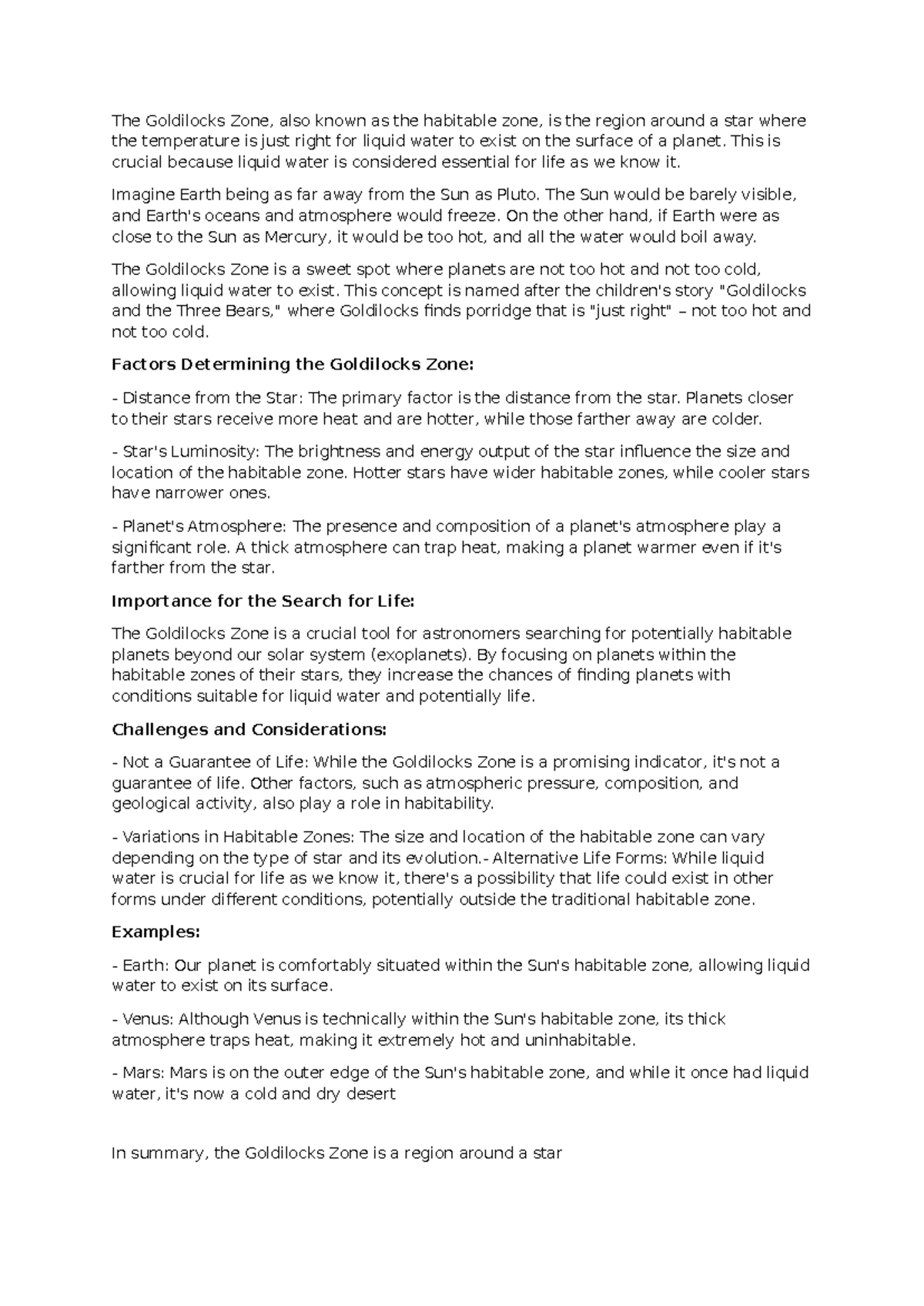 The Goldilocks Zone - none - The Goldilocks Zone, also known as the ...