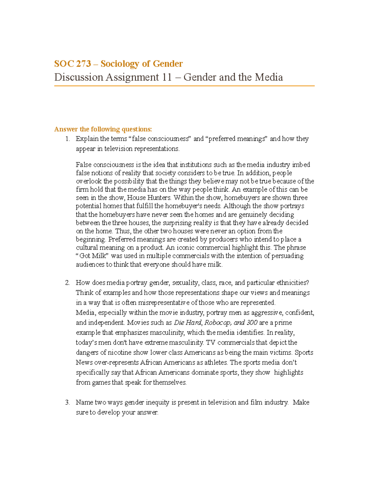 Discussion Assignment 11 Soc 273 Sociology Of Gender Discussion