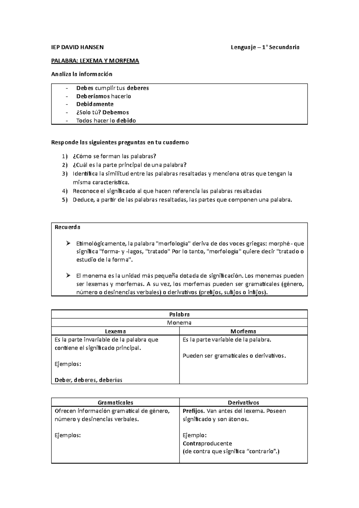 1° Lexema Y Morfema - IEP DAVID HANSEN Lenguaje – 1 ° Secundaria ...