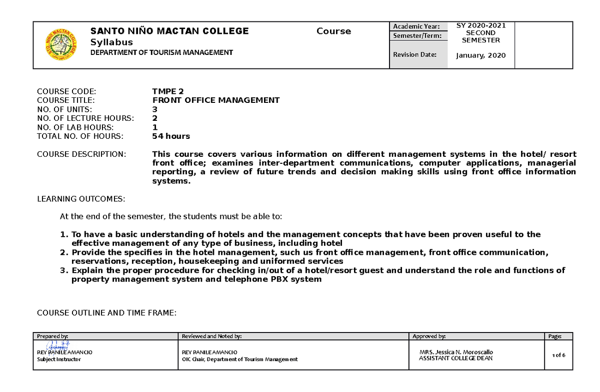 Syllabus Front Office Management - SANTO NIÑO MACTAN COLLEGE Course ...