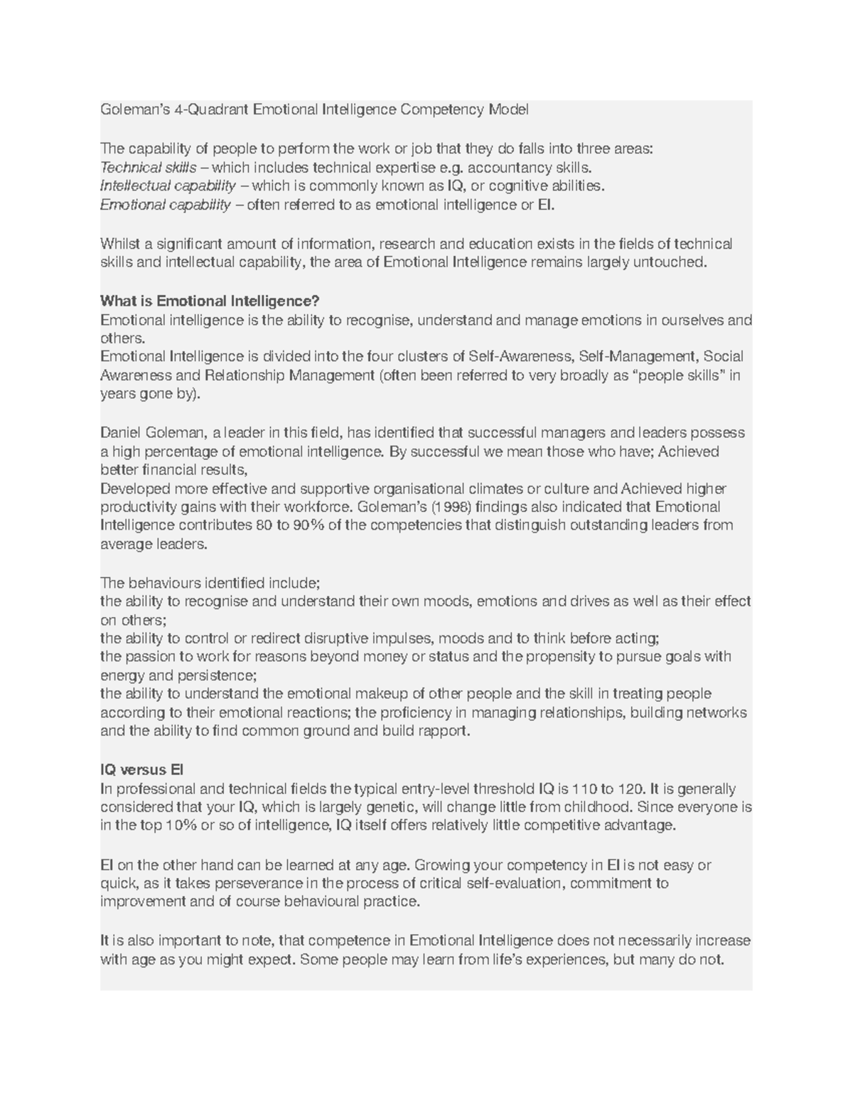 Goleman - 4 Quadrant EI Competency Model - Goleman’s 4-Quadrant ...