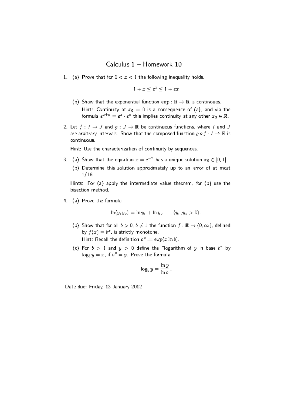 Calc11 - Calculus 1 – Homework 10 (a) Prove that for 0