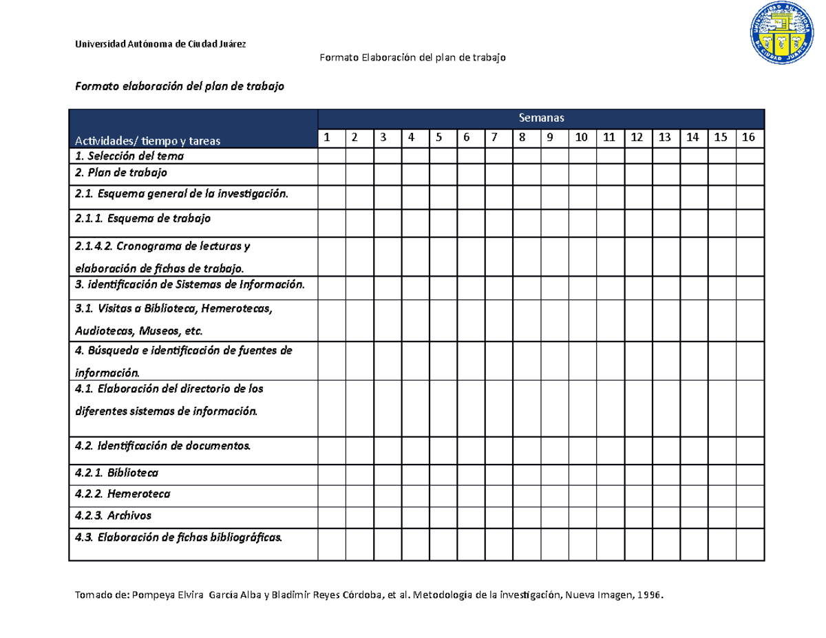 Formato Elaboración del Plan de Trabajo - Universidad Autónoma de Ciudad Juárez Formato ...