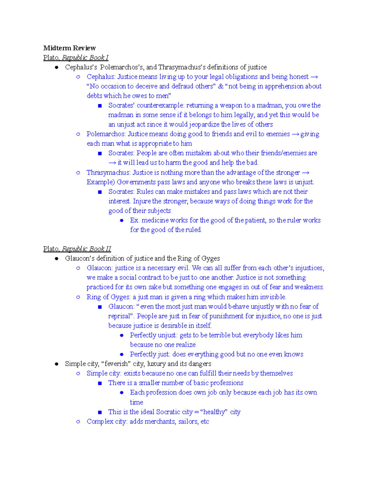 Midterm Review - Midterm Review Plato, Republic Book I Cephalus’s ...