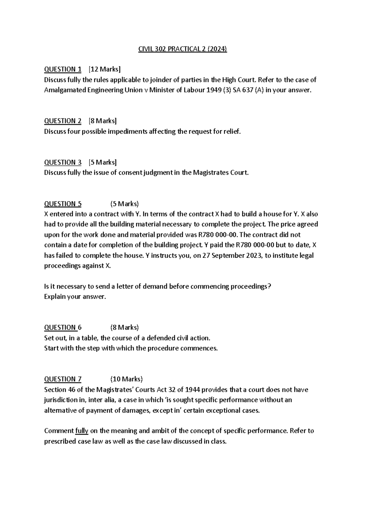 Civil 302 Practical TEST 2 - CIVIL 302 PRACTICAL 2 (2024) QUESTION 1 [1 ...