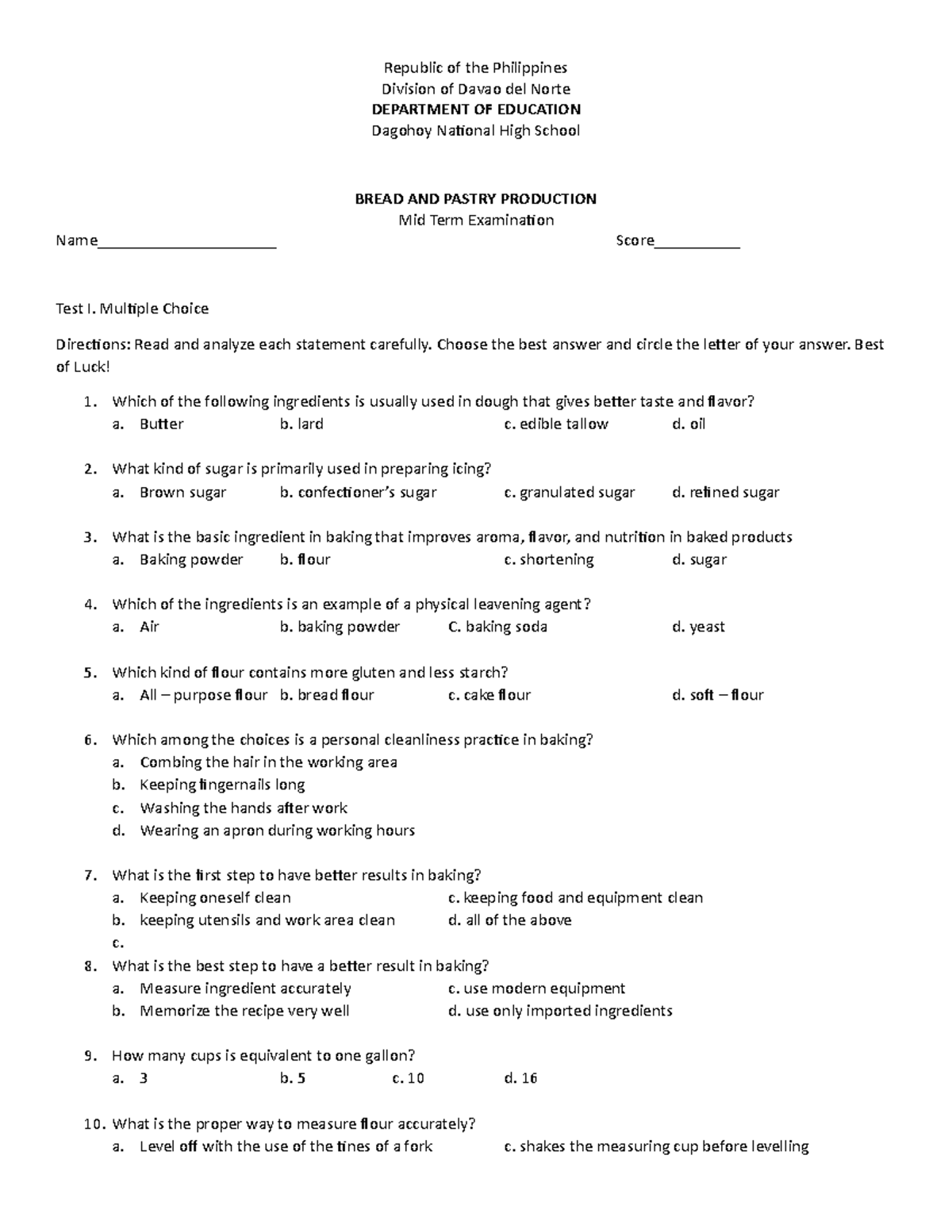 Bpp midterm exam - Division of Davao del NorteRepublic of the ...