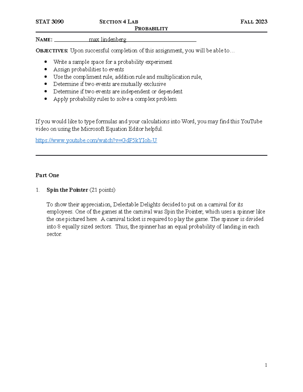 Section 4 Lab - notes - PROBABILITY NAME: max lindenberg OBJECTIVES ...