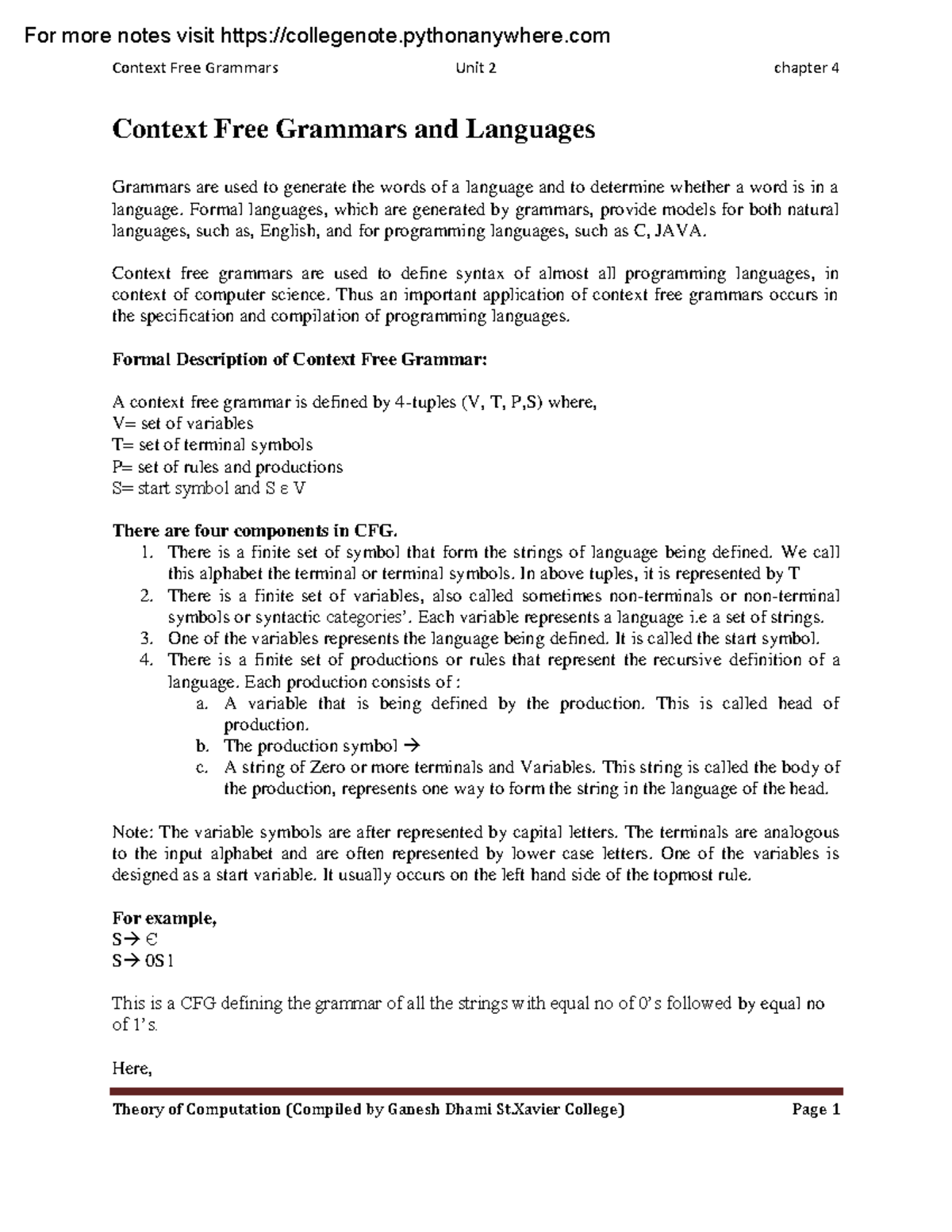 Context Free Grammar - notes - Context Free Grammars Unit 2 chapter 4 ...