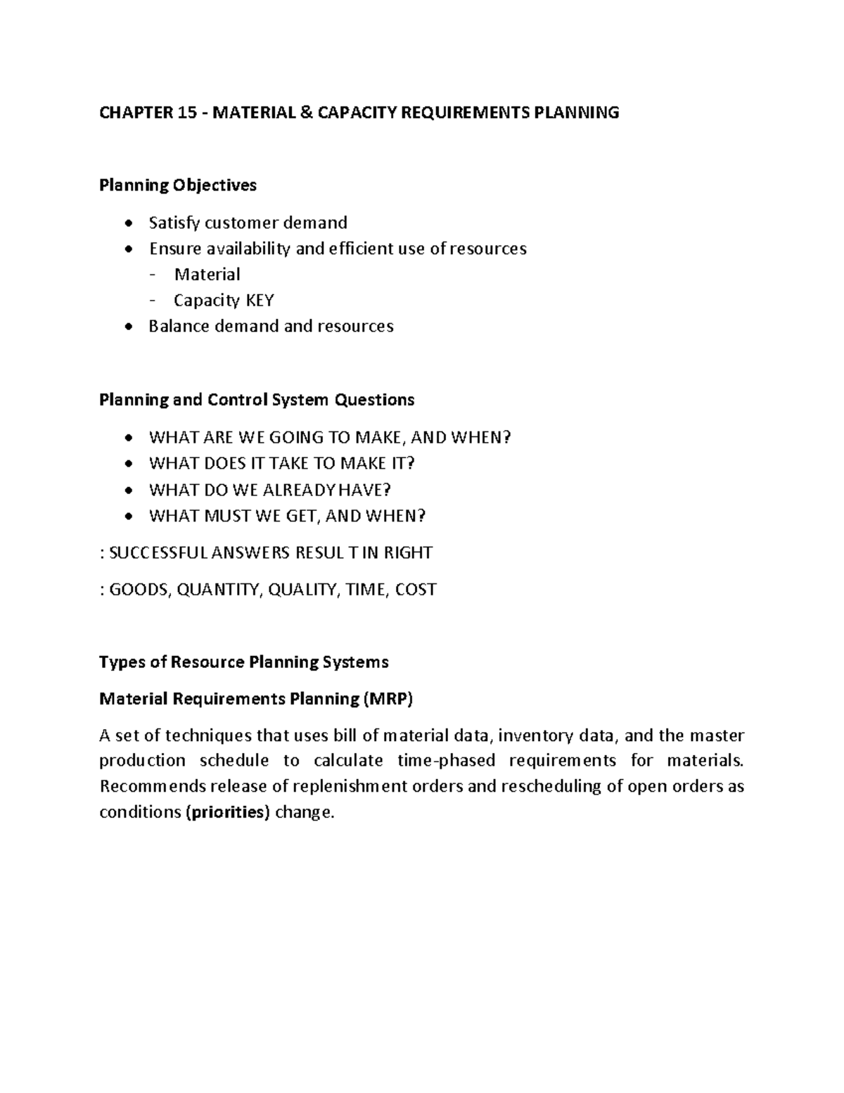 Chapter 12 - Material AND Capacity Requirements Planning - CHAPTER 15 ...