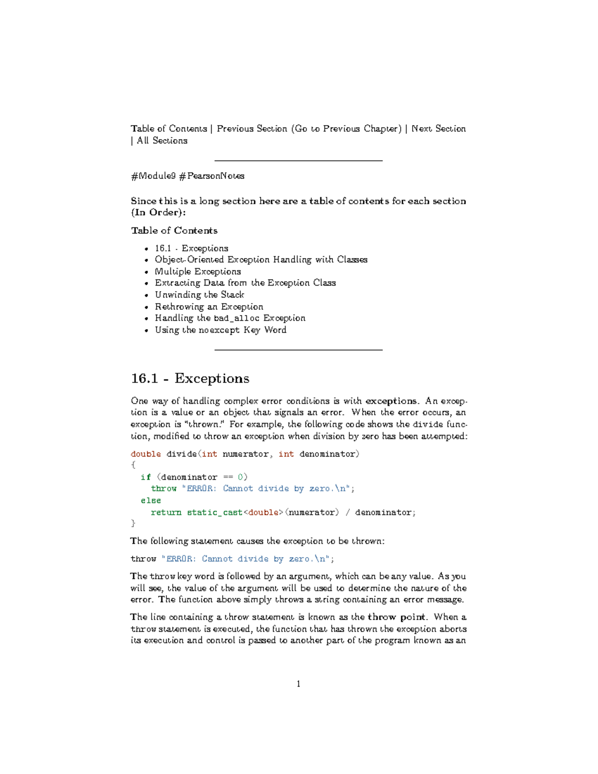 16.1 - Exceptions - Table of Contents | Previous Section (Go to ...