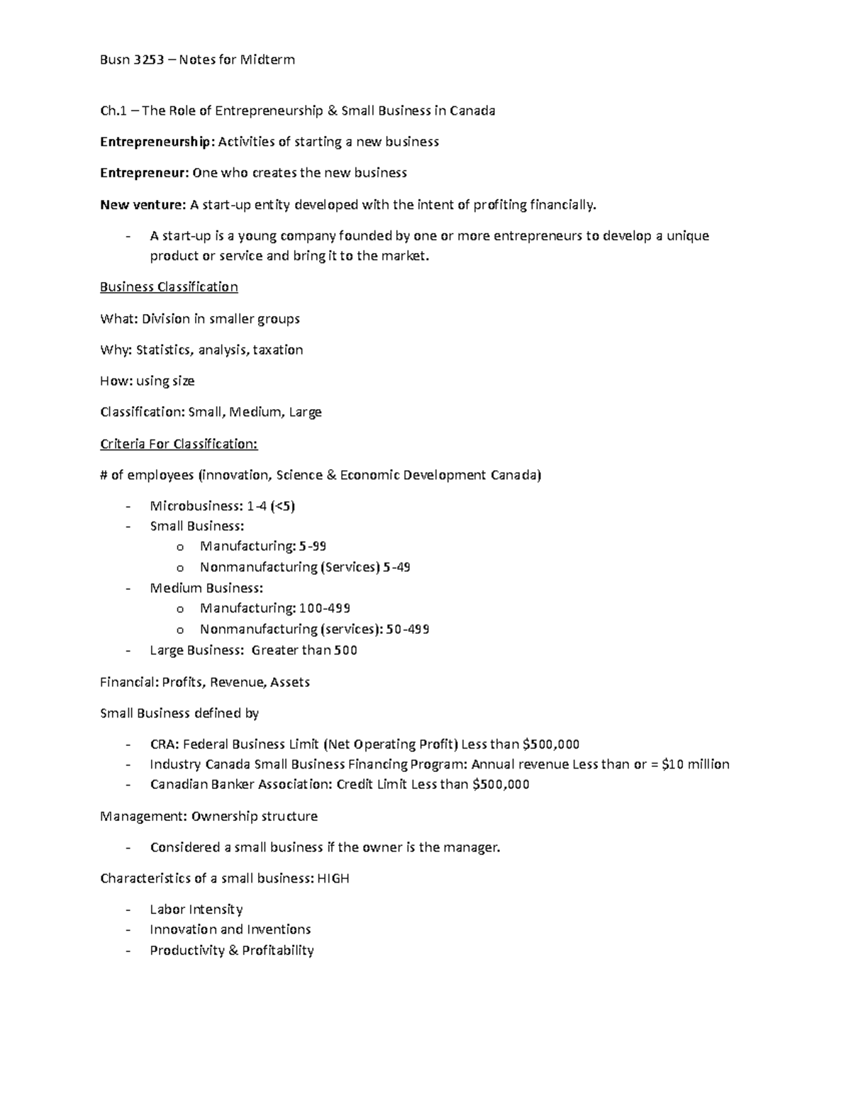 BUSN 3253 notes - Busn 3253 – Notes for Midterm Ch – The Role of ...