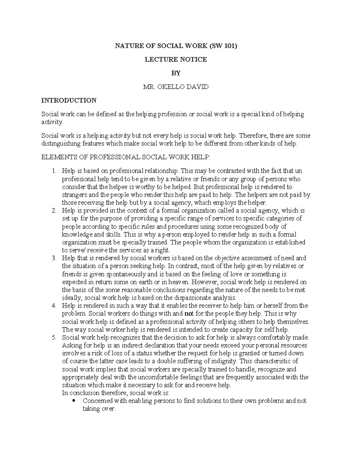 Nature OF Social WORK - NOTES - NATURE OF SOCIAL WORK (SW 101) LECTURE ...