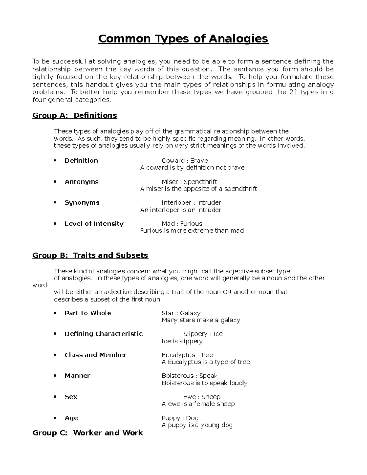 Common Types of Analogies Used on the GRE-1 - Common Types of Analogies ...