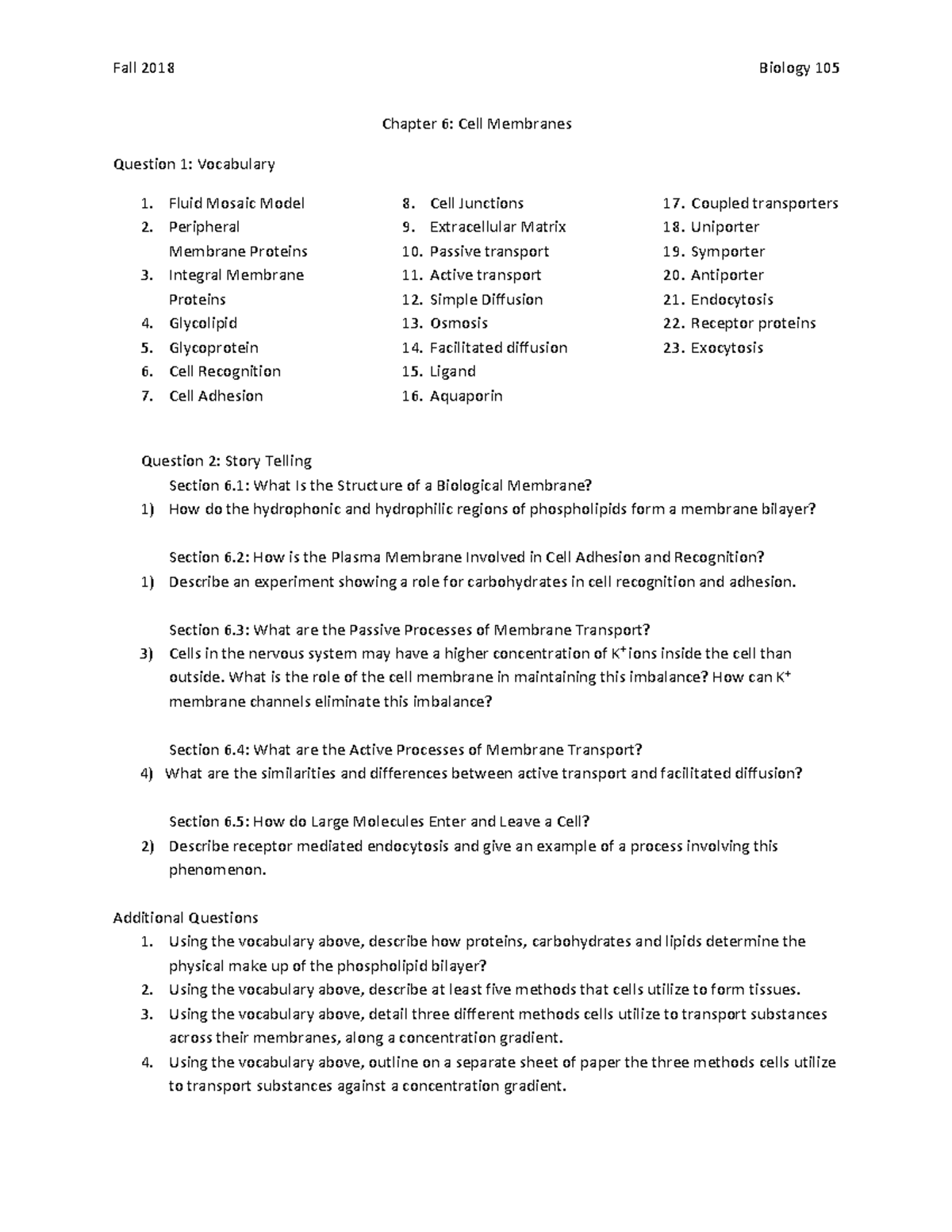 Chapter 6 Study Questions - Fall 2018 Biology 105 Chapter 6: Cell ...
