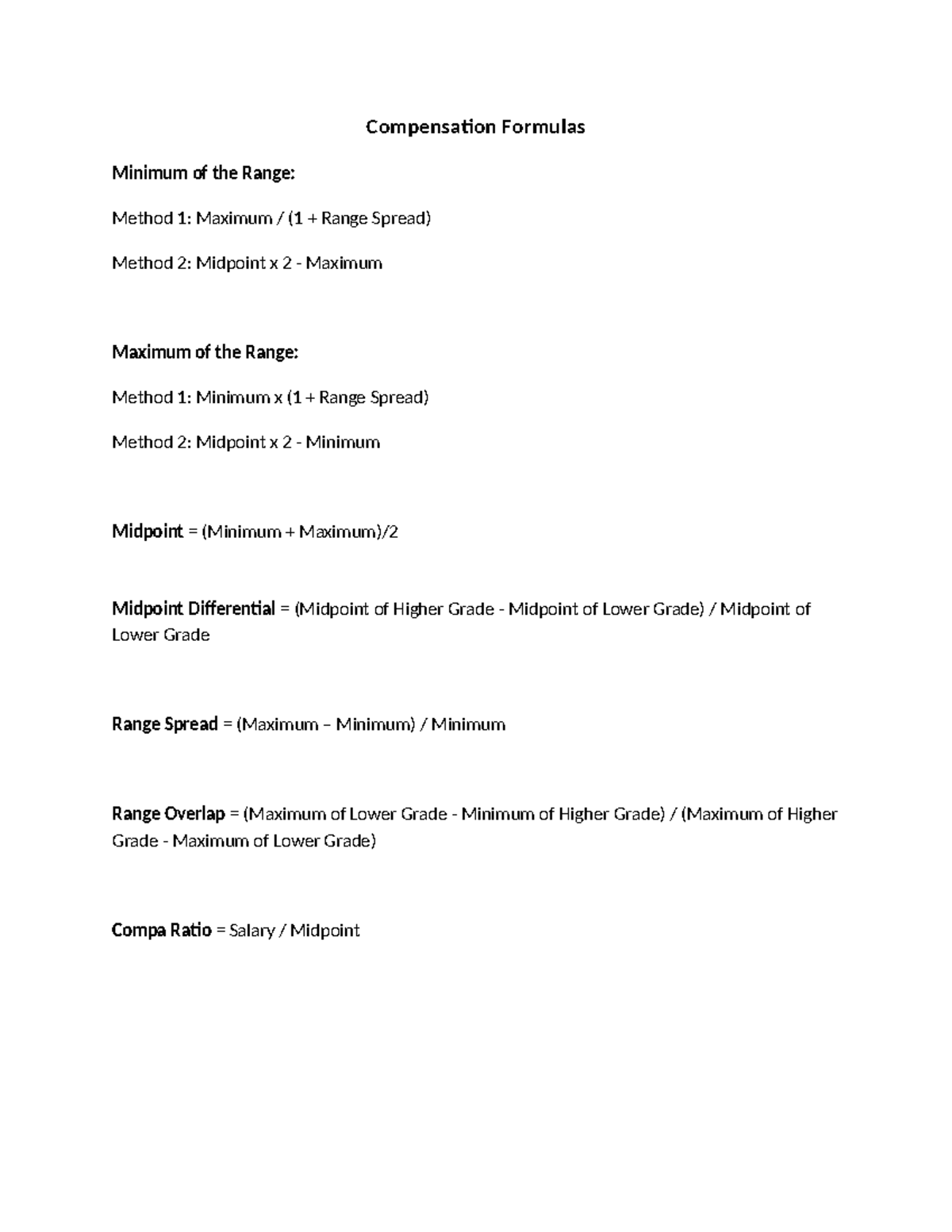 Compensation Formulas - Compensation Formulas Minimum of the Range ...