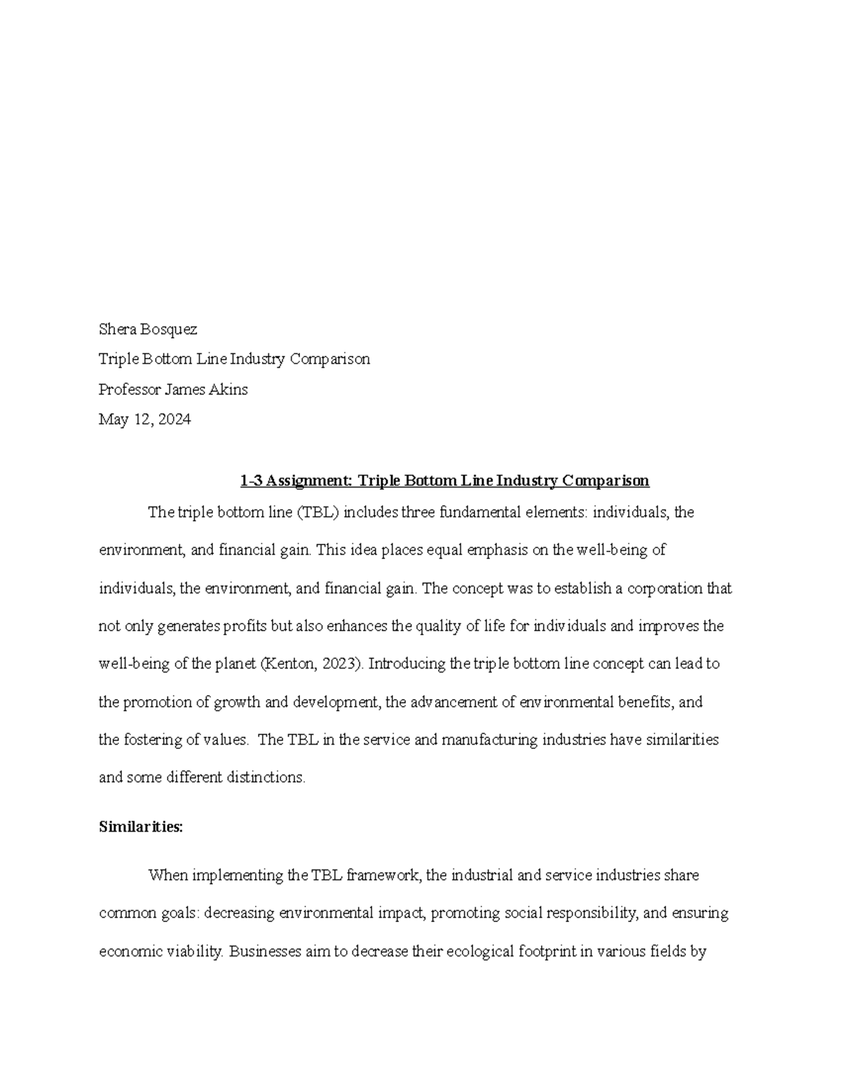 QSO-321 1-3 Assignment: Triple Bottom Line Industry Comparison - Shera ...