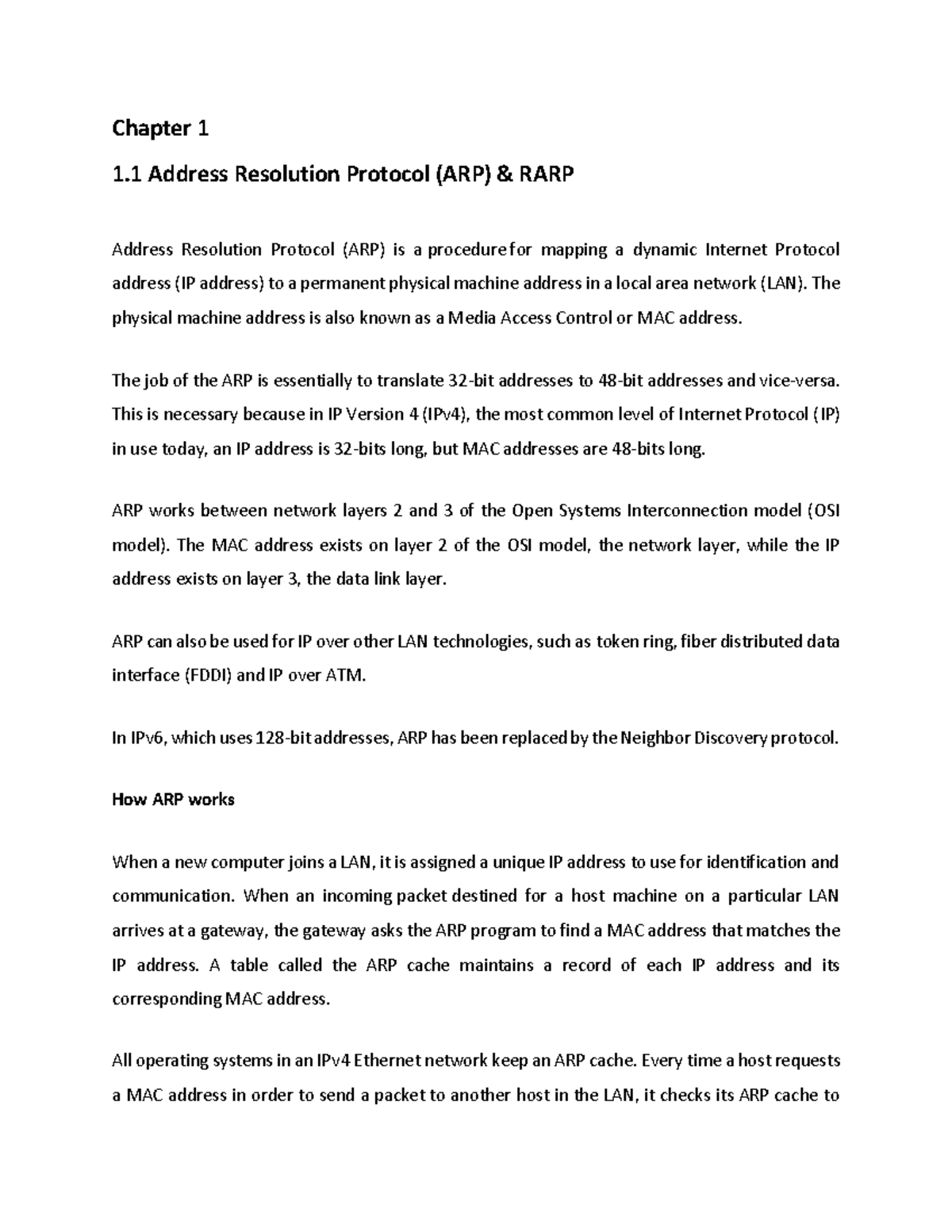 ACN Notes - Chapter 1 1 Address Resolution Protocol (ARP) & RARP ...