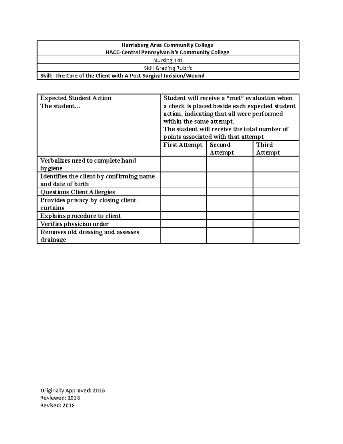 Skill wound video rubric - Harrisburg Area Community College HACC ...