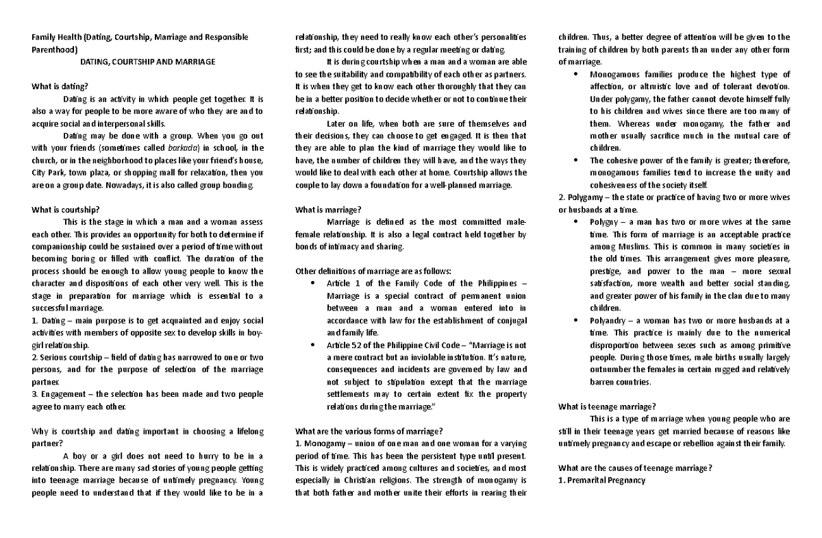 Notes for health 2 - Family Health (Dating, Courtship, Marriage and ...