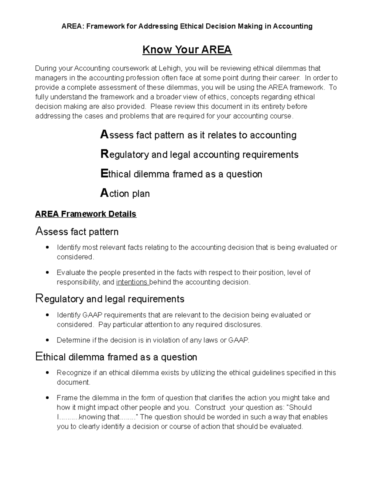 AREA Framework - In order to provide a complete assessment of these ...