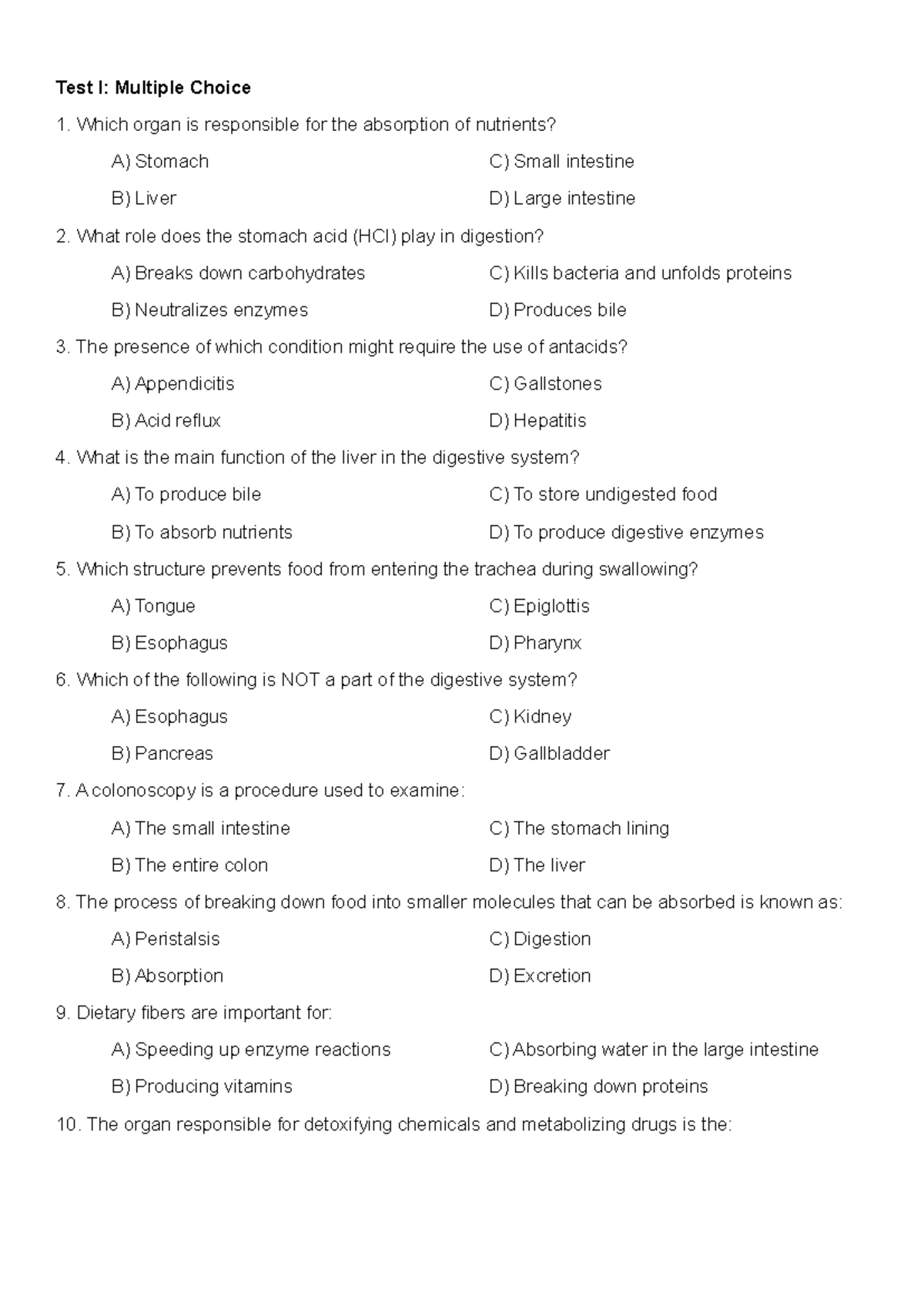 Long Test W1 - Long test - Digestive System - Test I: Multiple Choice ...