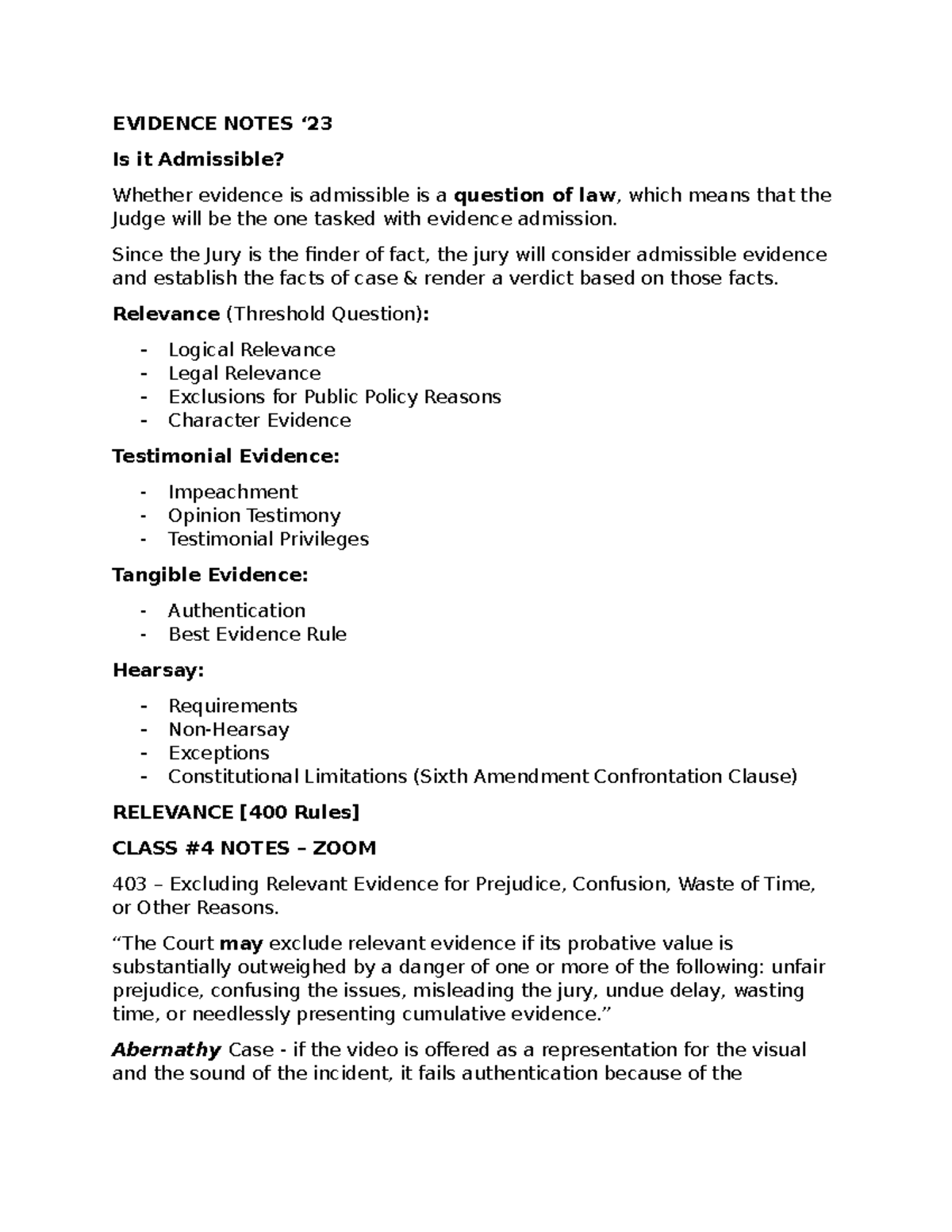 Evidence Notes - EVIDENCE NOTES ‘ Is it Admissible? Whether evidence is ...