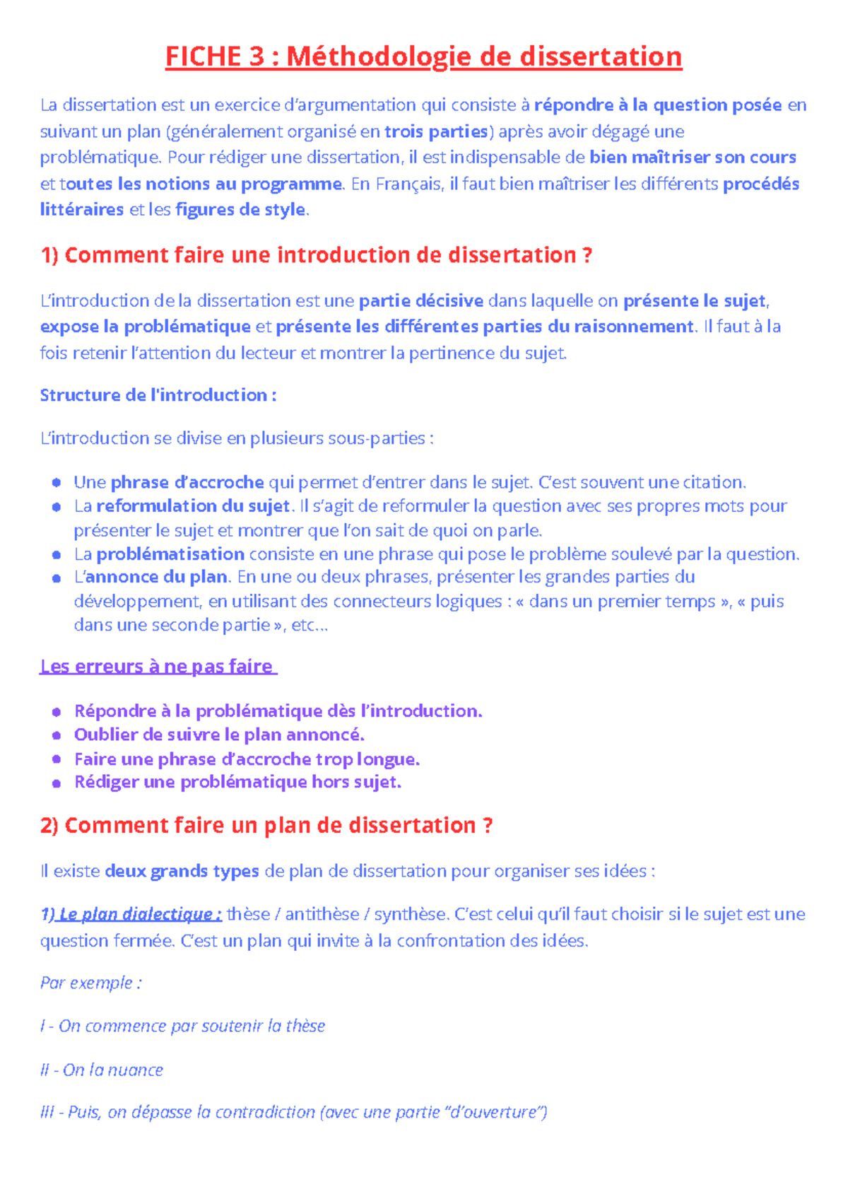 Fiche 3 Méthodologie de dissertation - FICHE 3 : Méthodologie de ...