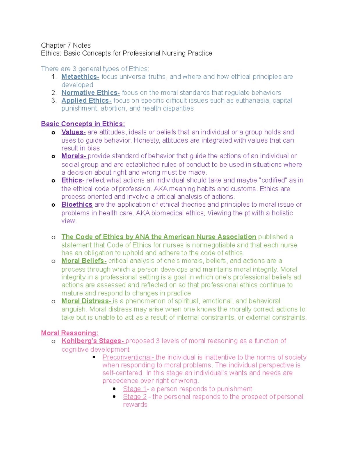 Chapter 7 Notes - Chapter 7 Notes Ethics: Basic Concepts for ...