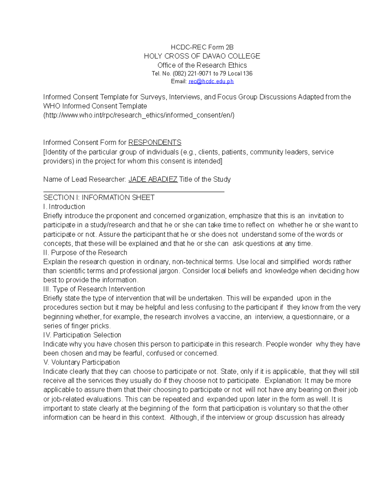 FORM 2B - Business Proposal Defense. - HCDC-REC Form 2B HOLY CROSS OF ...